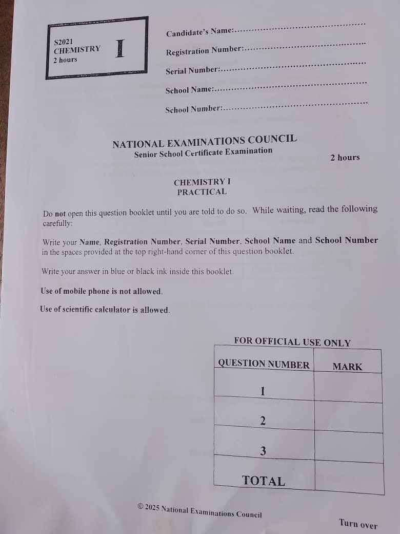 Neco Chemistry Practical 2025 Question And Answer