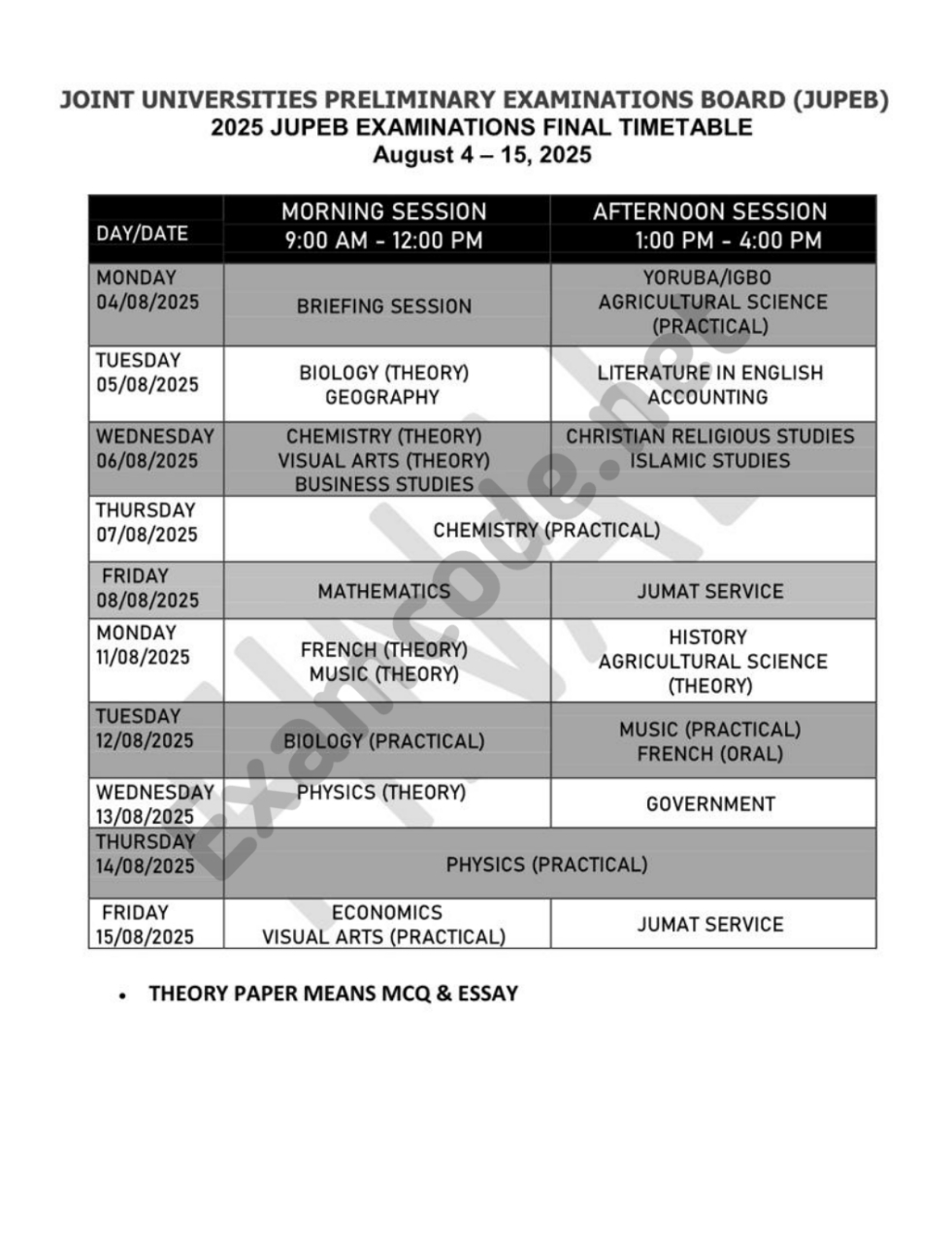 Jupeb 2025 Examination Timetable